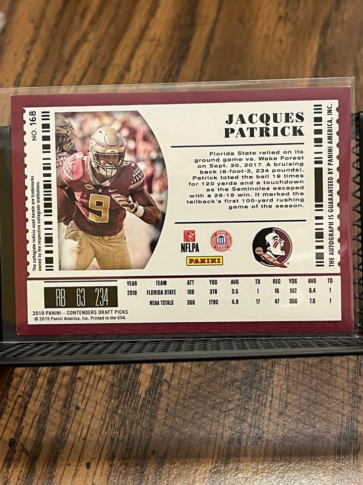 JACQUES PATRICK 2019 CONTENDERS COLLEGE TICKET FSU ROOKIE AUTOGRAPH ...