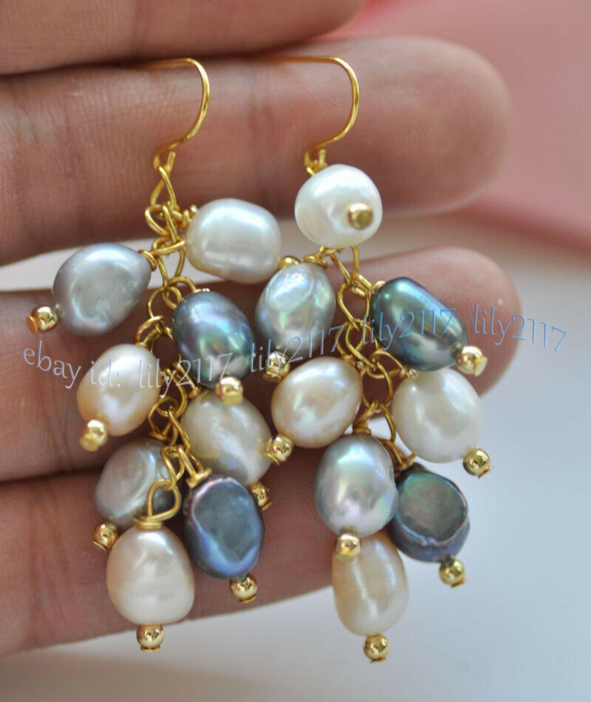 Handmade 7-9mm Multi-Color Natural Baroque Pearl Grape Dangle Gold Hook ...