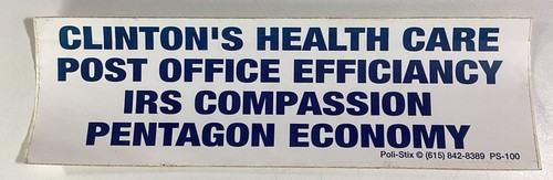 Clinton Healthcare Politics Vintage Bumper Sticker 1980s NOS Poli-stix ...