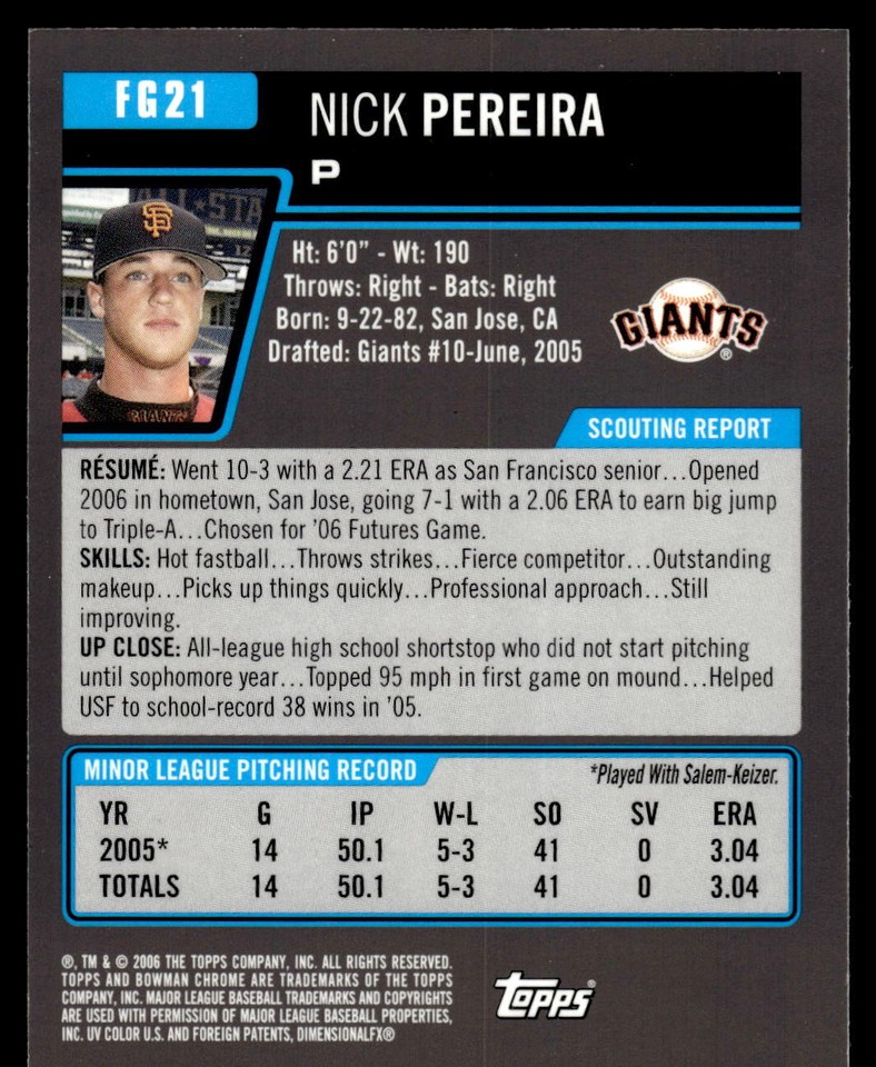2006 Bowman Draft Picks & Prospects #FG21 Nick Pereira Chrome Futures ...