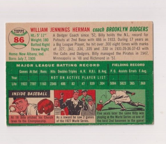 BILLY HERMAN 1954 TOPPS BASEBALL VINTAGE BASEBALL CARD #86 BROOKLYN ...