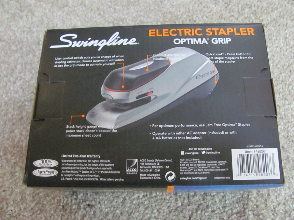 New Swingline Optima Grip Electric Stapler, 20 Sheet Capacity, Silver ...