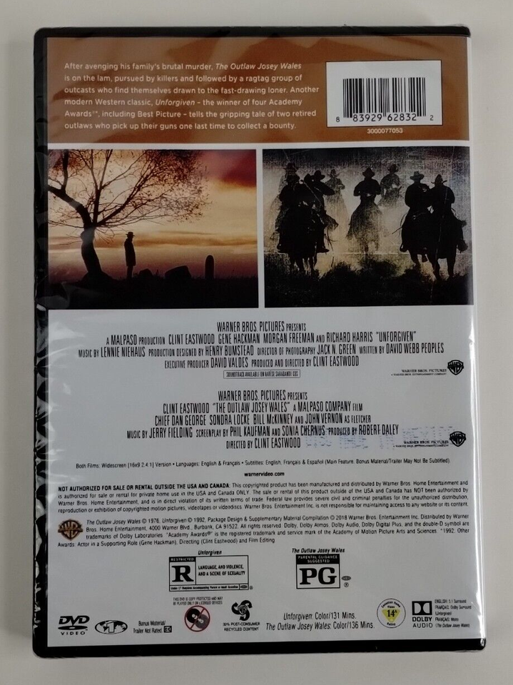 UNFORGIVEN + THE OUTLAW JOSEY WALES New DVD 2 Films Clint Eastwood ...
