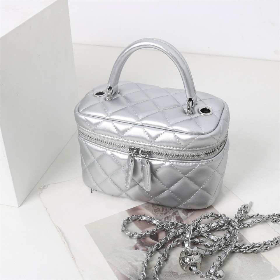 Mini Quilted Real Leather Vanity Case Box Purse Clutch Tote Shoulder ...