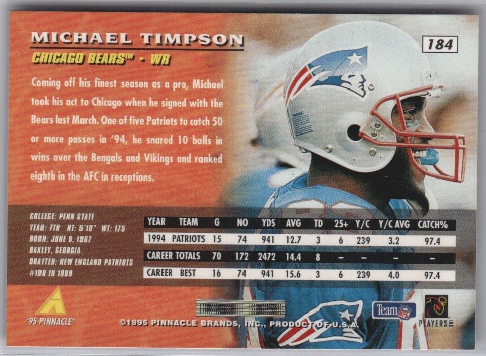 1995 Pinnacle Football Card #184 Michael Timpson | eBay