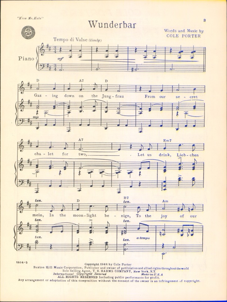 Sheet Music WUNDERBAR from KISS ME KATE by Cole Porter ©1948 | eBay