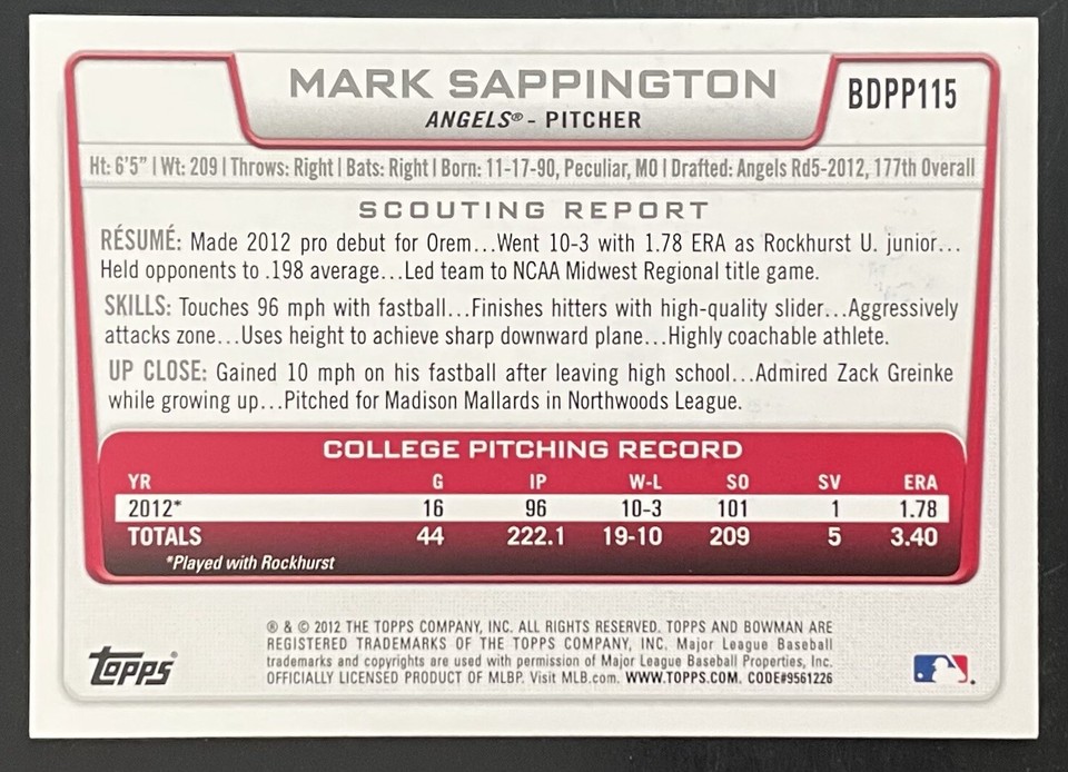 2012 Bowman Signed #BDPP115 Mark Sappington Angels Autographed Card | eBay