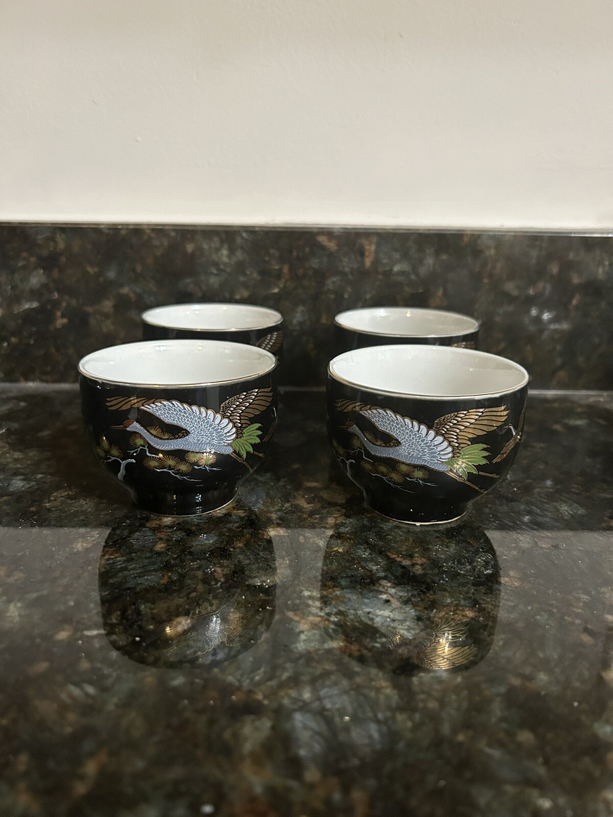 vintage japanese black lacquer Cups Set Of 4 Bird Design | eBay