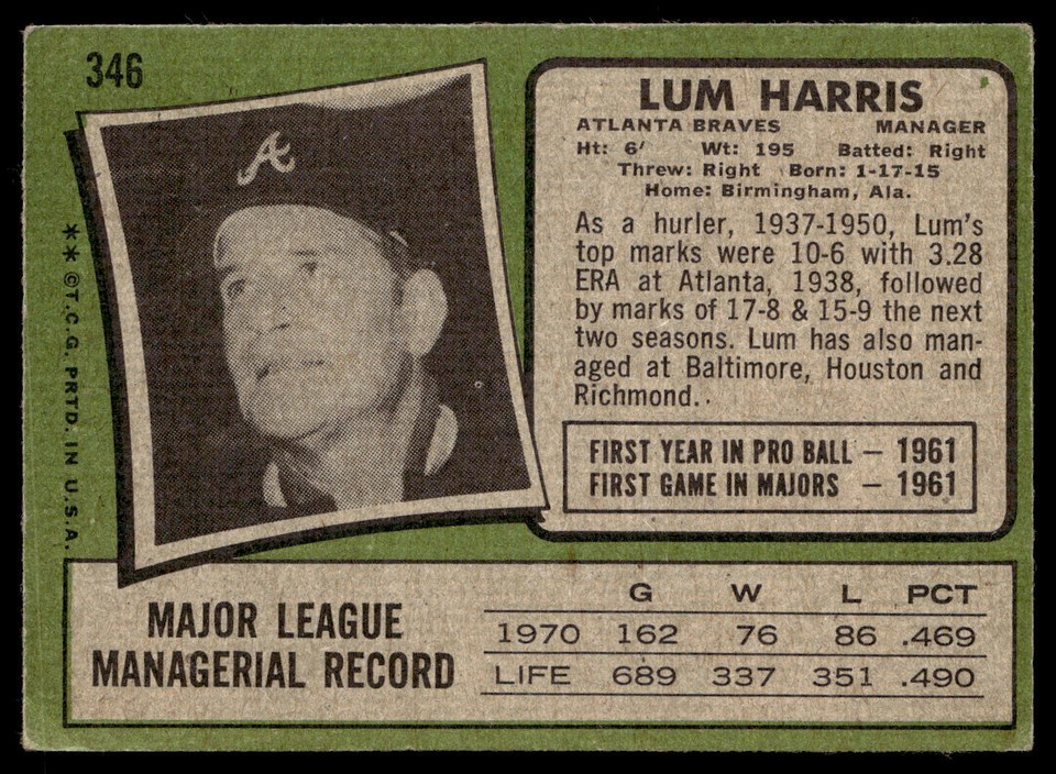 1971 Topps Lum Harris #346 Atlanta Braves | eBay