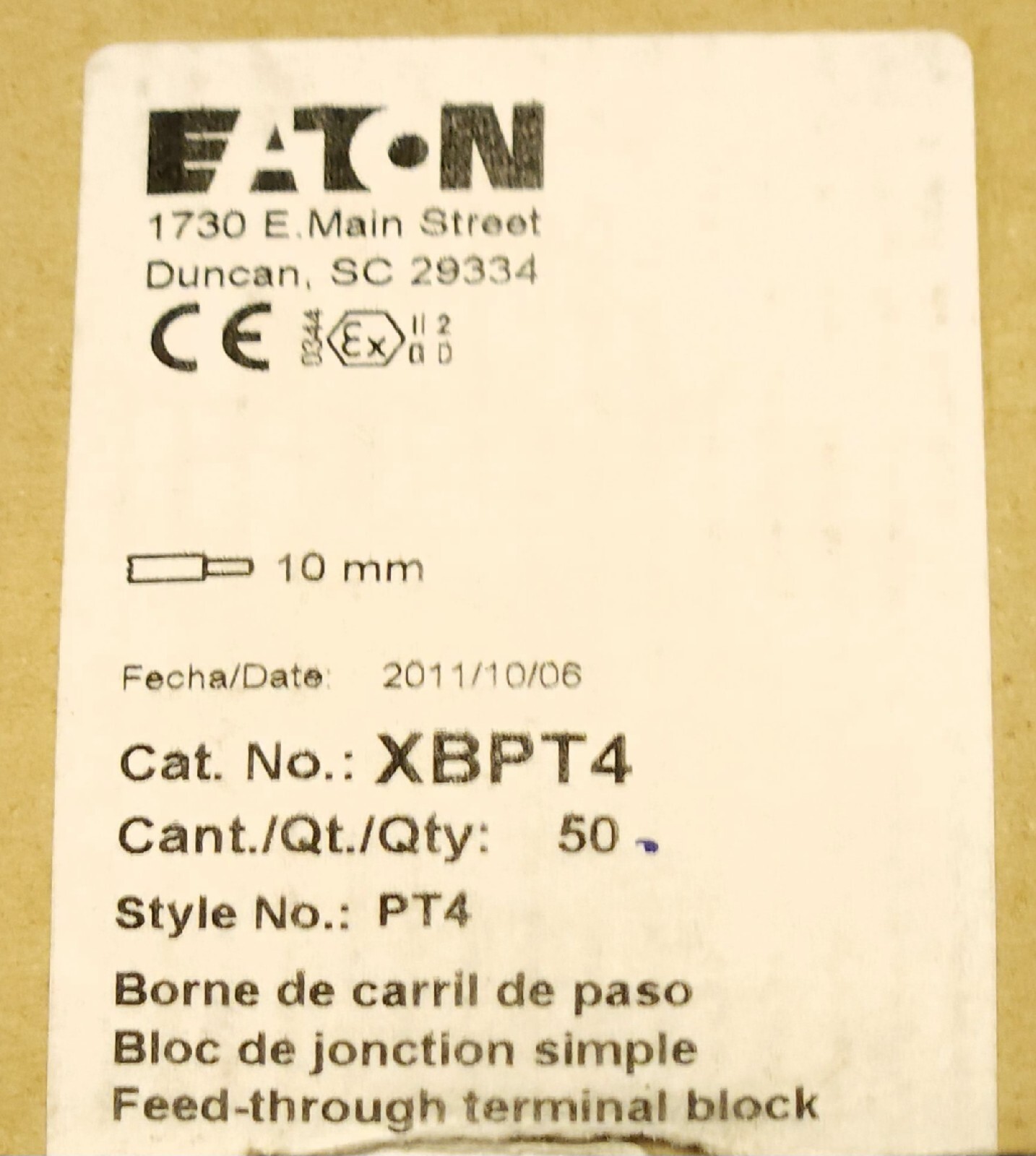 BOX OF 50 EATON XBPT4 Grey Terminal Block Type PT4 10mm 800 VAC 4mm² ...