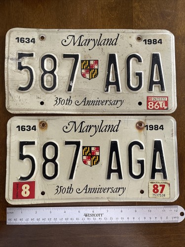 Vintage Pair 1984 Maryland License Plate Tags 587 AGA 350th Anniversary ...