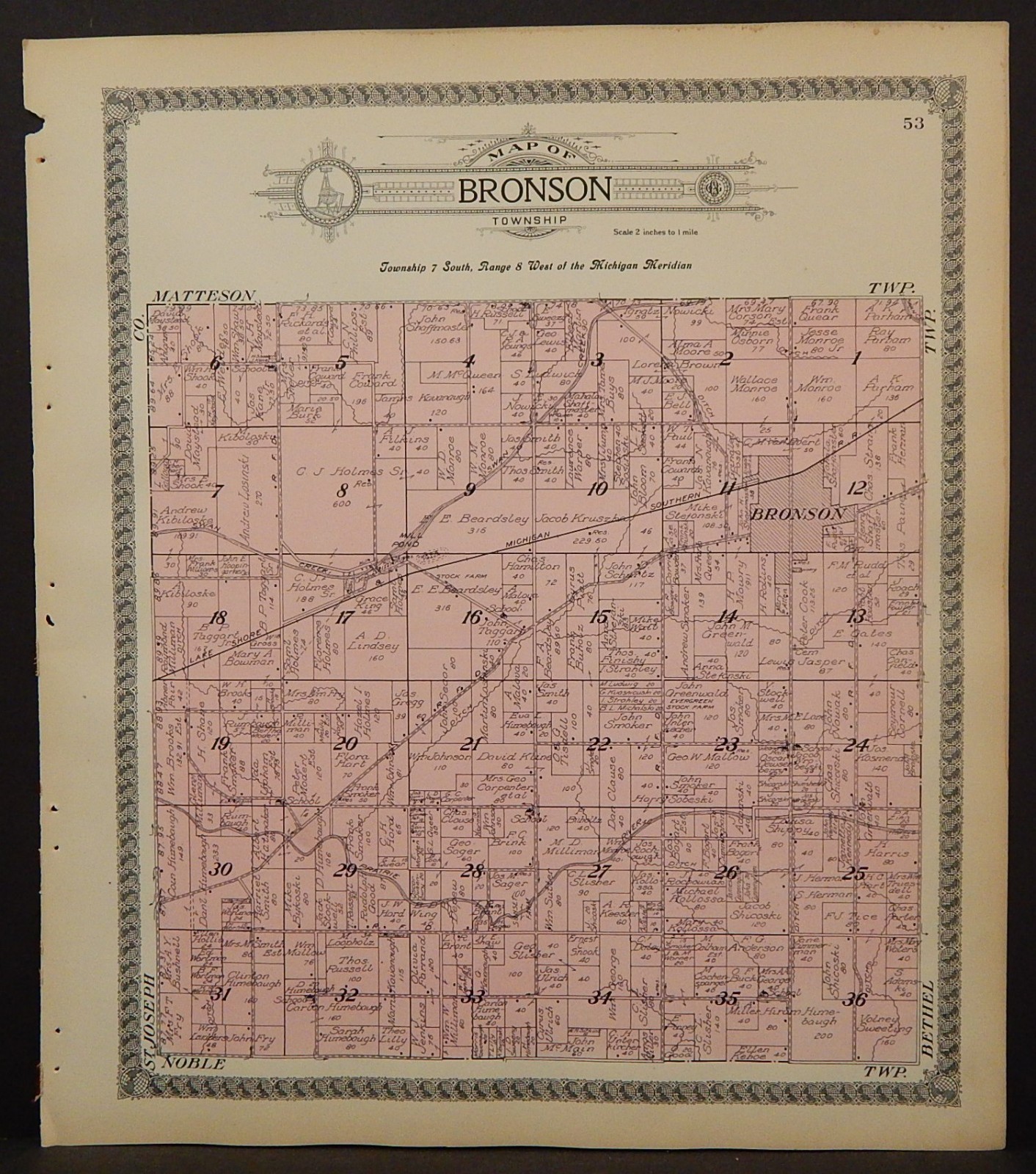 Michigan Branch County Map Bronson Township 1915 L24#111 | eBay