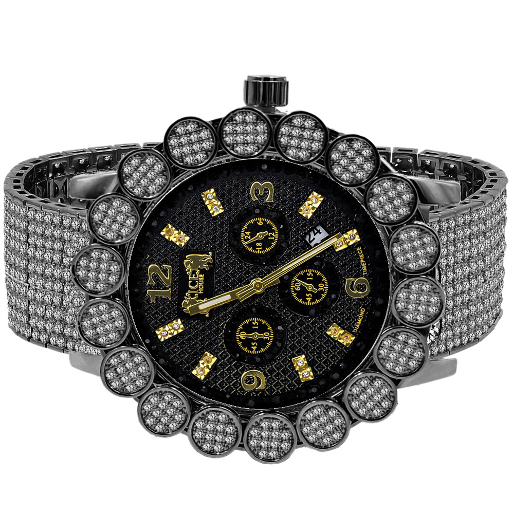 18K Gold Finish Simulated Diamond Cluster Micro Pave Flower Men's Watch ...