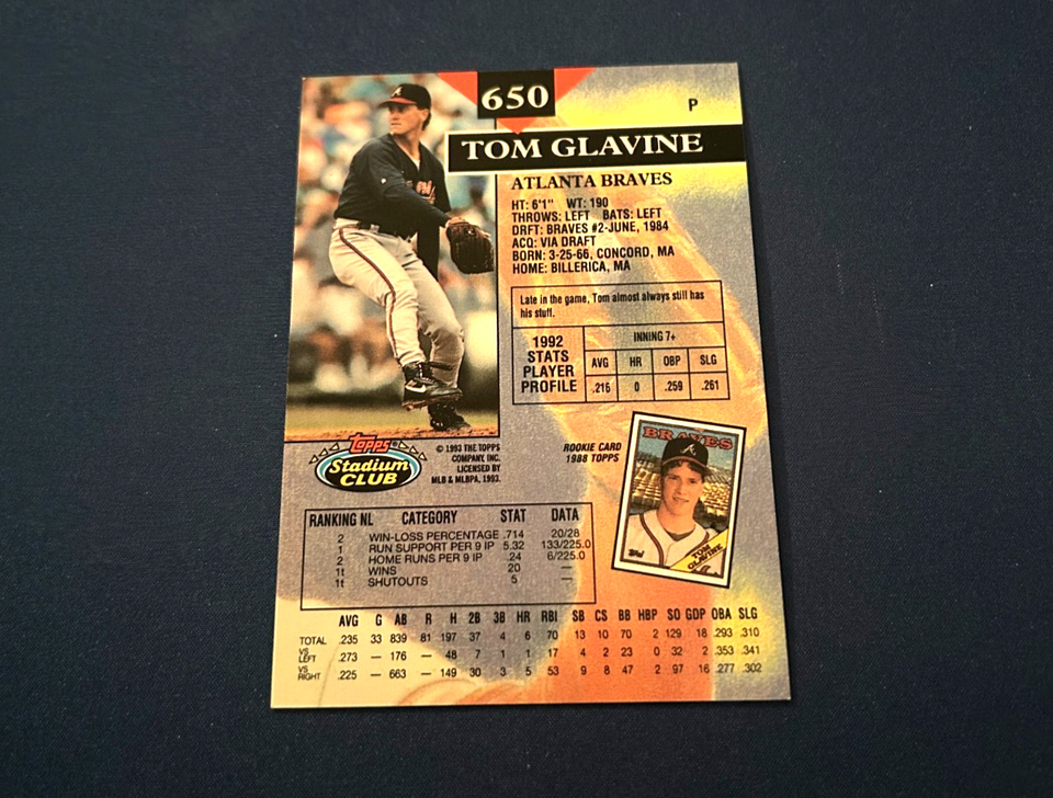 1993 Stadium Club Baseball Tom Glavine #650 HOF Set Break NM | eBay