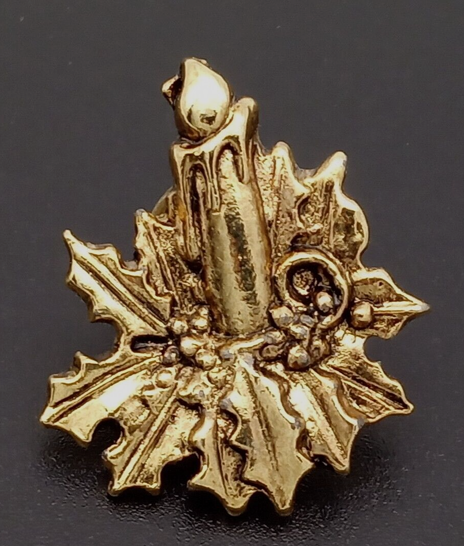 Christmas Brooch Lapel Pin Candle Holly Berries Gold Tone Made In USA ...