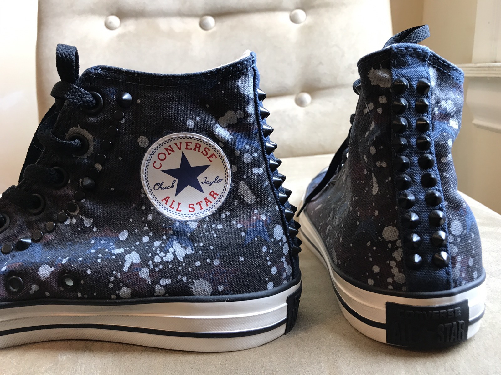 CONVERSE BURGUNDY BLUE BLEACHED STAIN STUDDED SPIKES HIGH TOP SNEAKERS ...