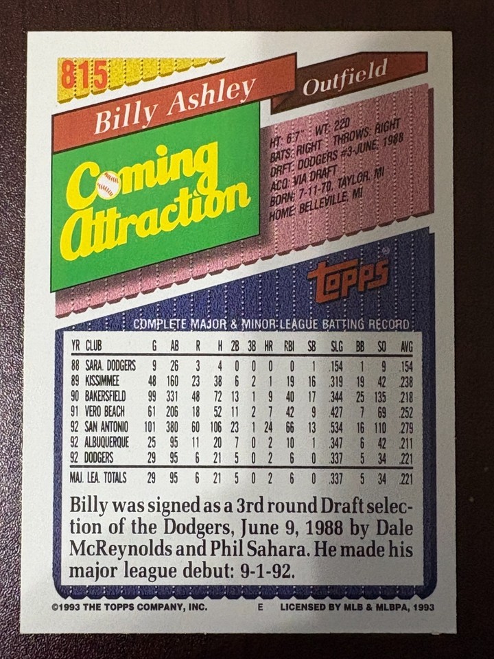 1993 Topps Baseball Billy Ashley #815 - Dodgers Coming Attraction | eBay