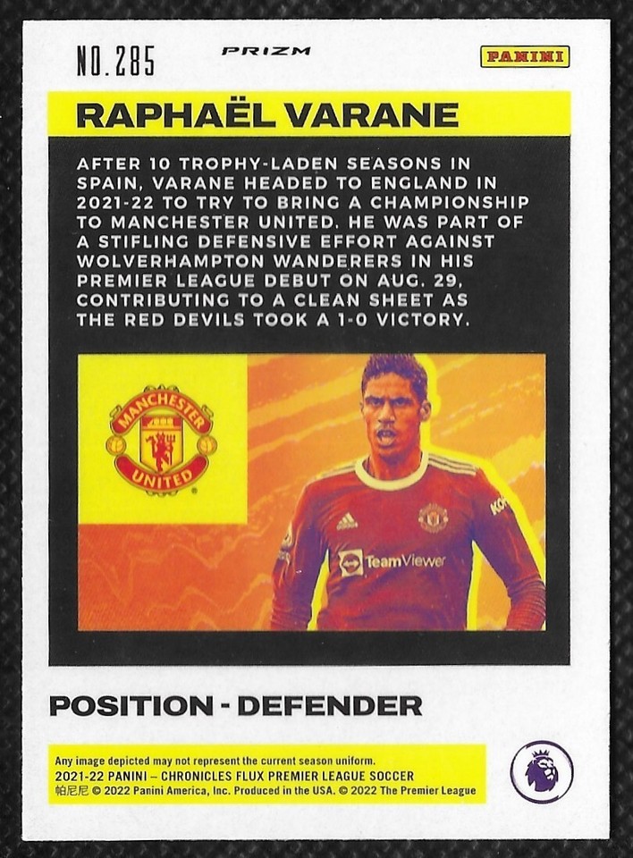 Raphael Varane 2021-22 Panini Chronicles Flux Purple Mojo Prizm #285 ...