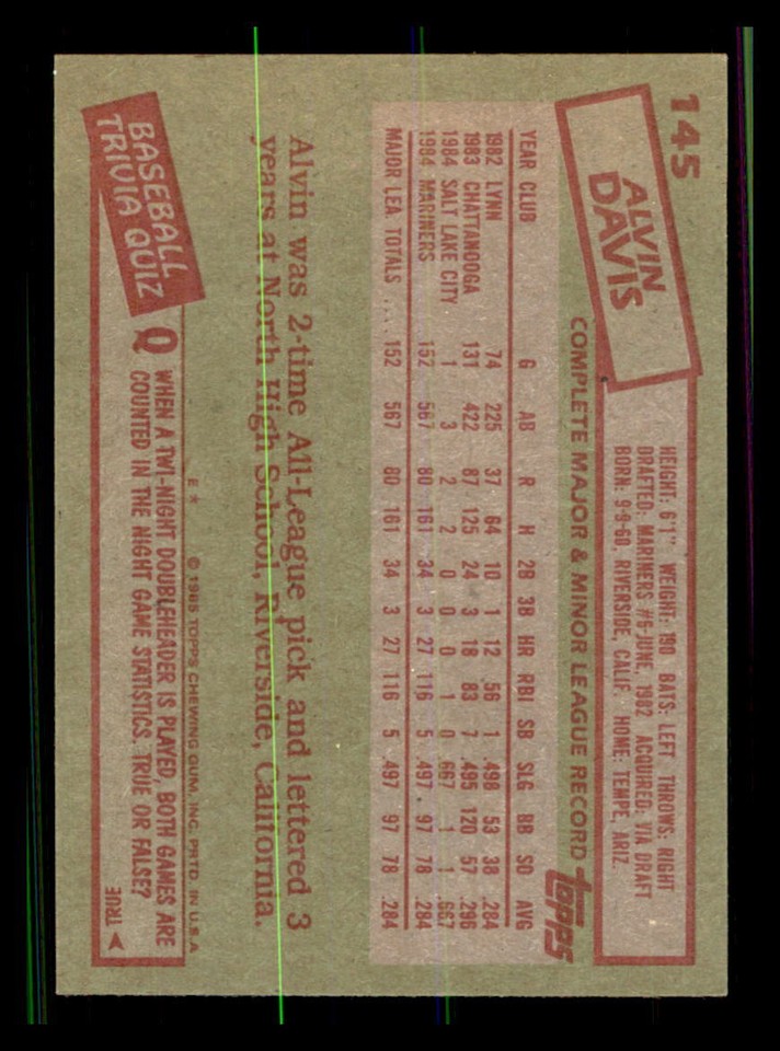 1985 Baseball 1985 Topps Alvin Davis Seattle Mariners #145 RC1 | eBay