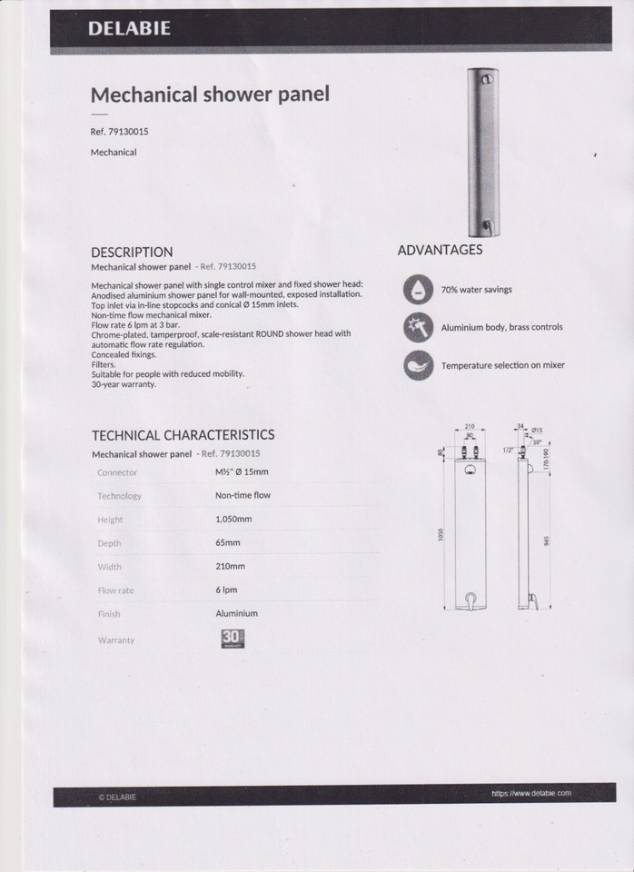 DELABIE MECHANICAL SHOWER PANEL 79130015 | eBay UK