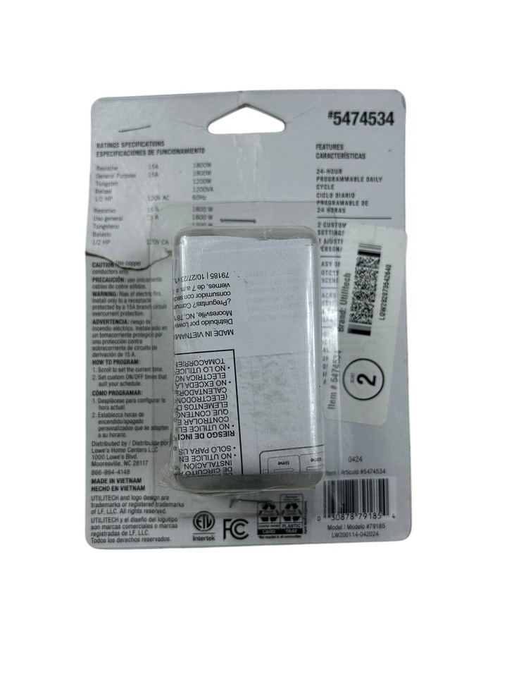 Utilitech 24 Hour In-Wall Digital Timer Single Pole Battery Backup ...