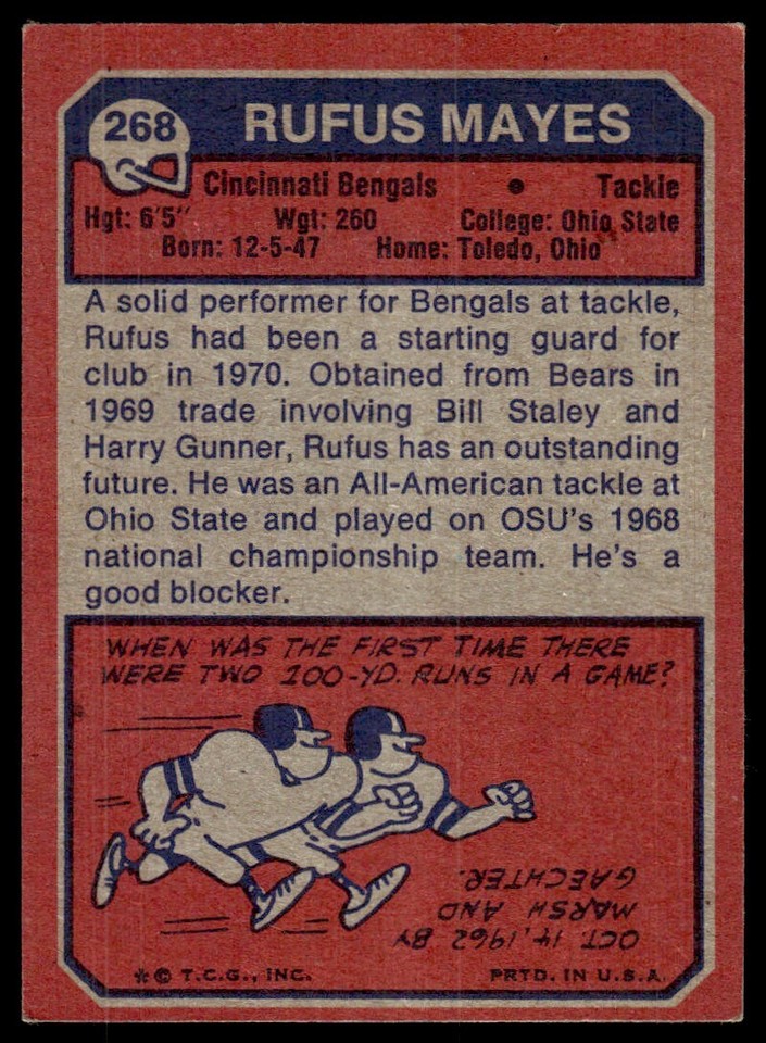 1973 TOPPS RUFUS MAYES 2 RC CINCINNATI BENGALS #268 | eBay