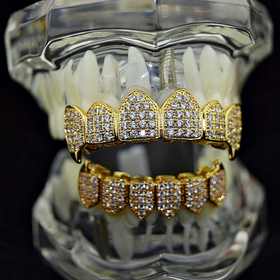 18k Gold Plated Vampire Fang Grillz Set Fangs Grills Iced Simulated CZ ...