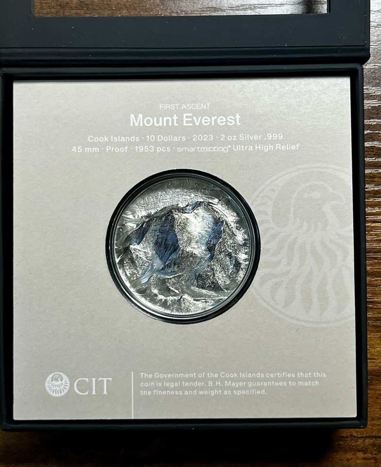 Mount Everest First Ascent 2 oz Proof Silver Coin 10$ Cook Islands 2023 ...