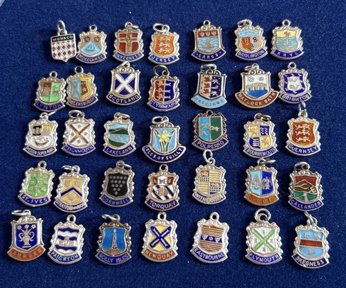 35x Silver Vintage Travel Souvenir Enamel Shield Place Name City Charm ...