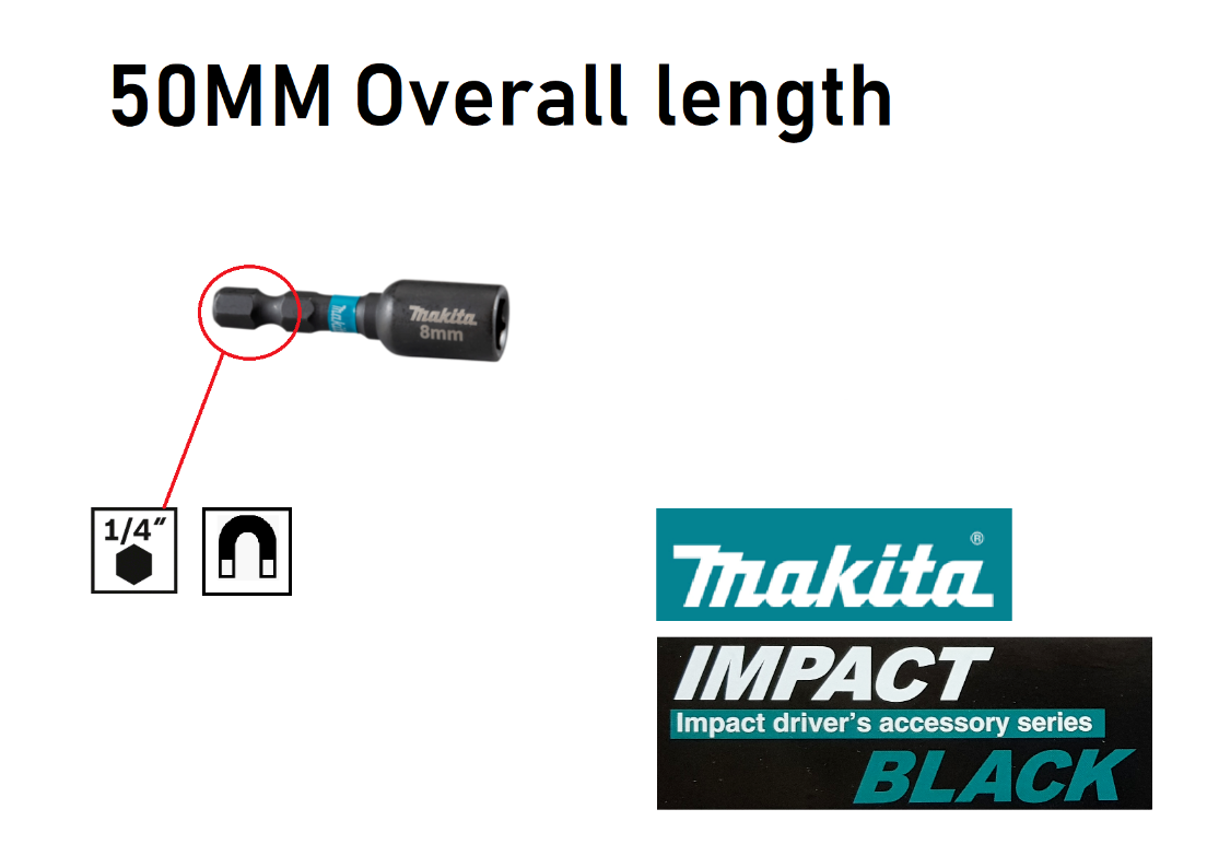 Makita 8mm Magnetic Nut Runner Bolt Setter Driver 50mm Impact Black 1/4 ...