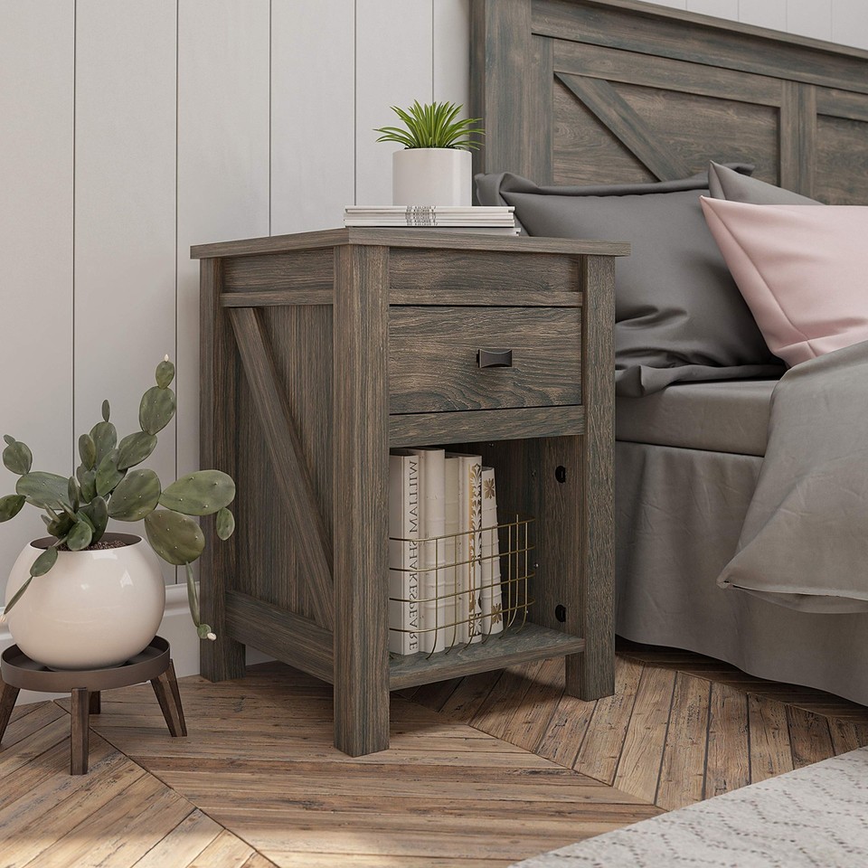 Farmington Country Style Nightstand with Barn Door Design, Concealed ...