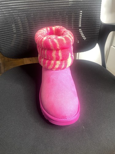 UGG Mini Fluff Quilted Cuff Zebra Rock Rose Suede Sheepskin Boots Size ...