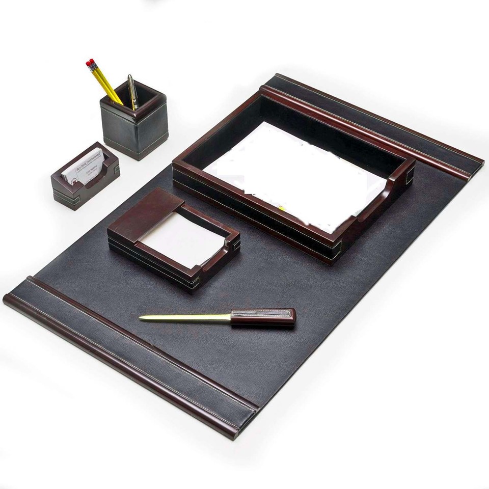 WESTMINSTER 6-PIECE WOOD AND BLACK LEATHER DESK SET | eBay