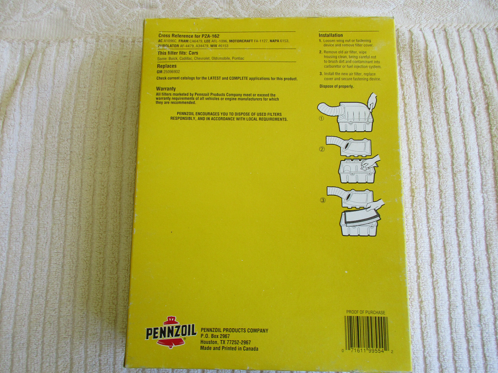 Pennzoil PZA-162 Engine Air Filter GM Vehicles (See XReference in ...