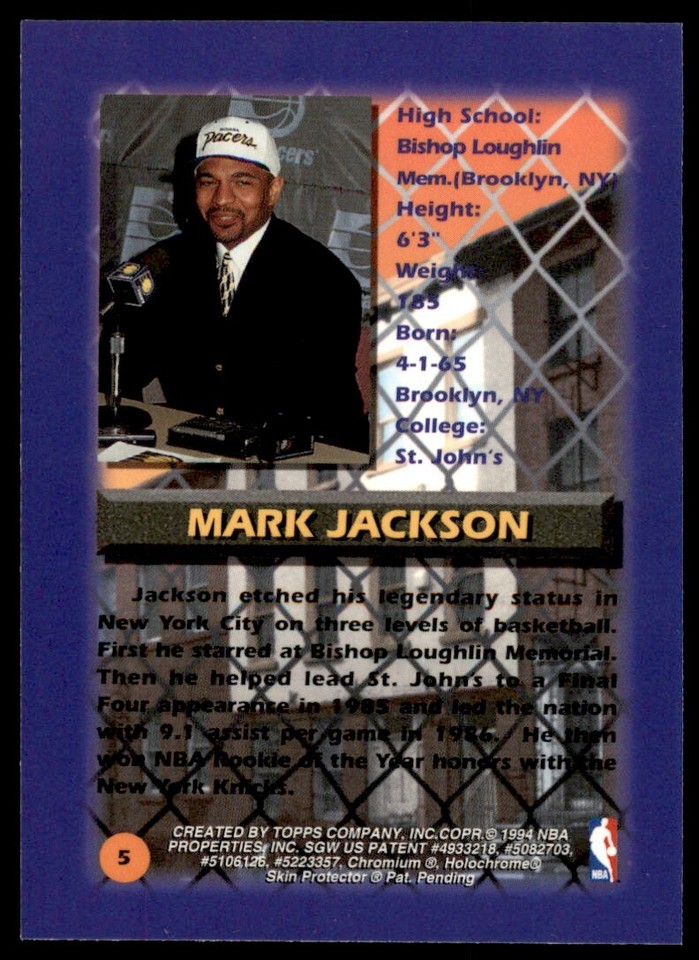 1994-95 Topps Finest w/ Factory Coating Mark Jackson Indiana Pacers #5 ...