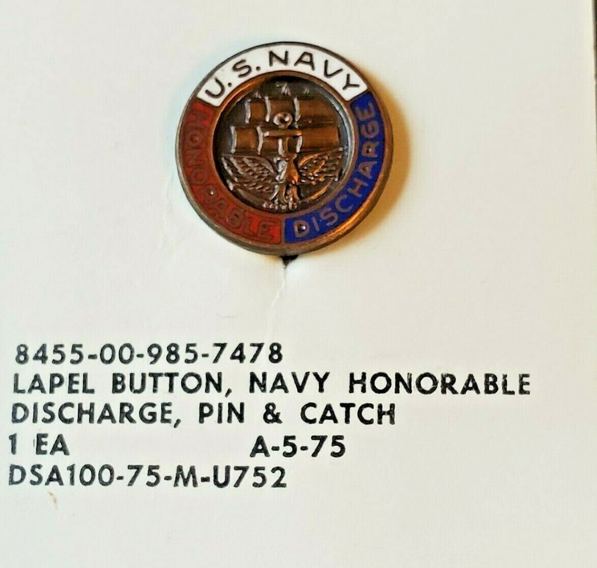 NAVY HONORABLE DISCHARGE PIN-NEW IN MILITARY ISSUE PACK-RED-WHITE ...