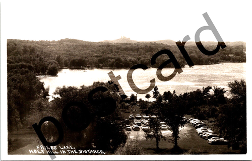 FRIESS LAKE, WI, Holy Hill in the Distance, old automobiles, RPPC ...