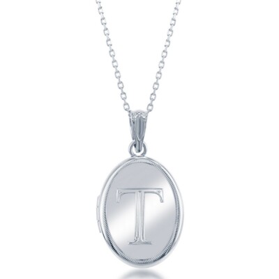 Sterling Silver Shiny Oval with Center "T" Initial Locket W/Chain | eBay