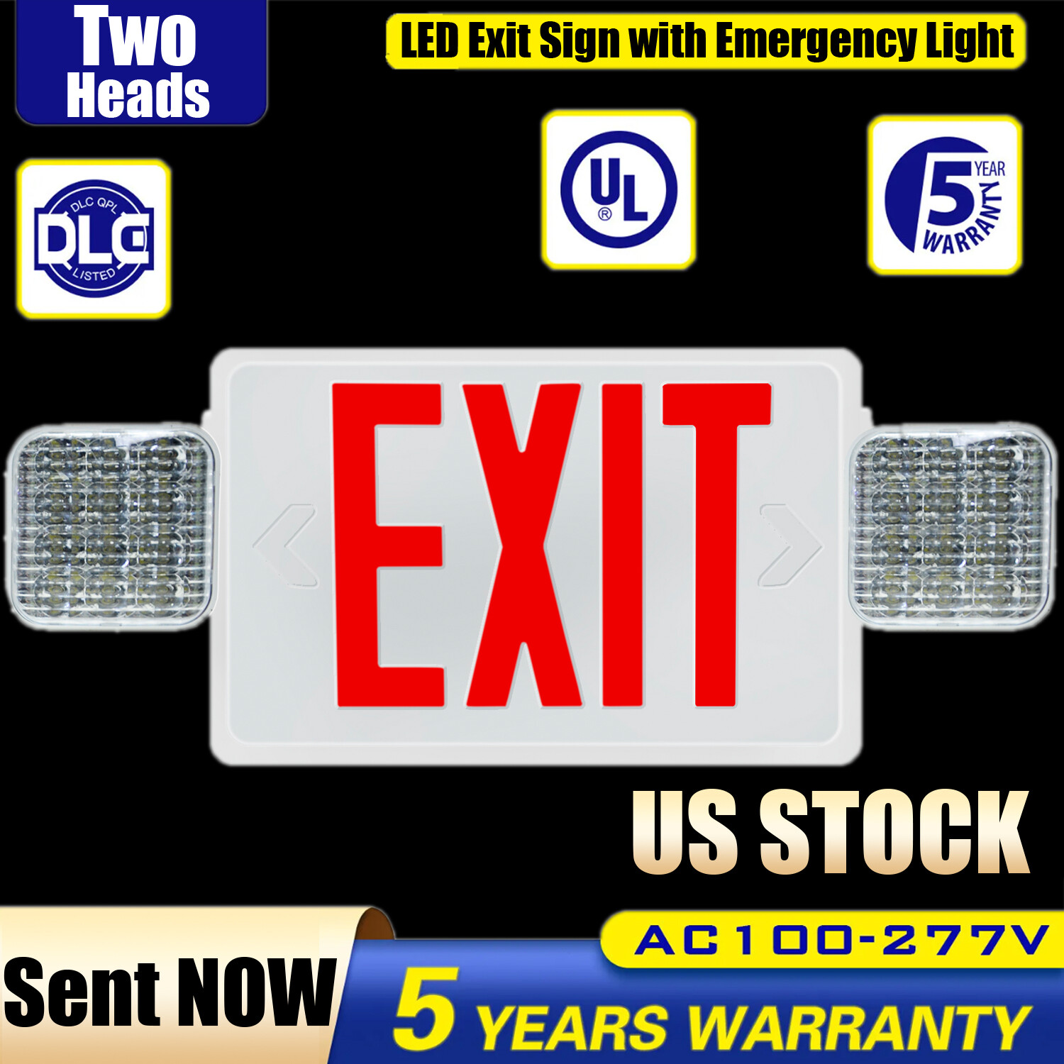 Emergency LED Exit Light Combo Two Heads LED Flood Lights, UL 94V-0 ...