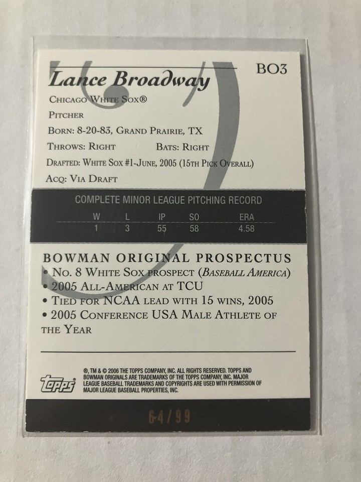 Lance Broadway 2006 Bowman Originals Prospects Black RC /99 CARD #BO-3 ...