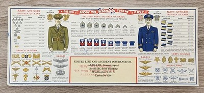 Vintage 1942 WWII ARMY & NAVY Insignia Identifier Blotter Card Ephemera ...