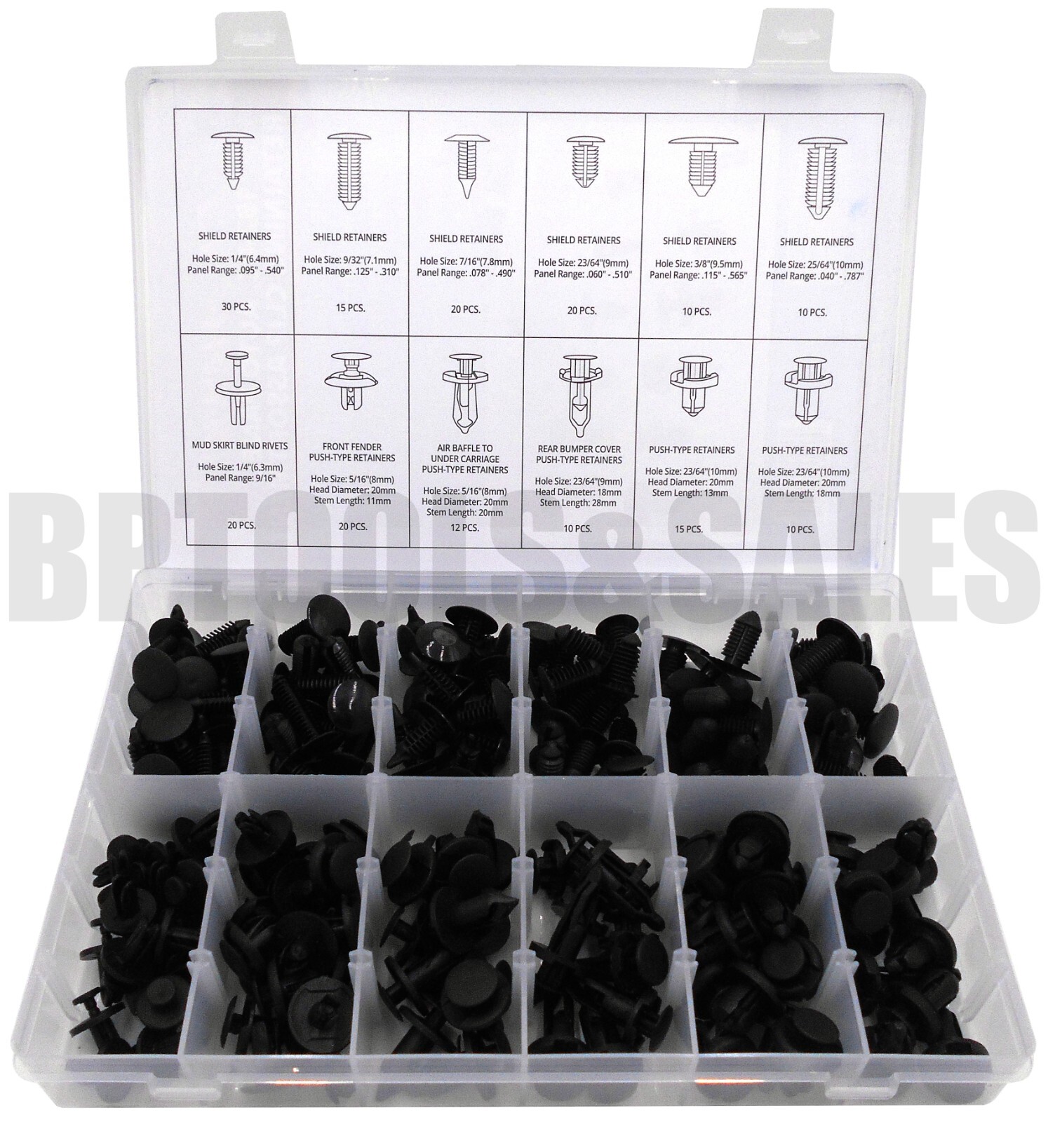 192 Pc Shield & Push Type Retainer Assortment Set 6.3mm to 10mm Hole ...