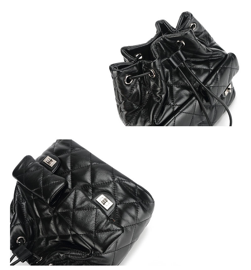 Small Mini Quilted Real Leather Drawstring Bucket Backpack Chains Purse ...