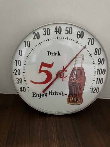 Vintage Round 12" Diameter Coca Cola 5 Cent Thermometer Enjoy Thirst ...