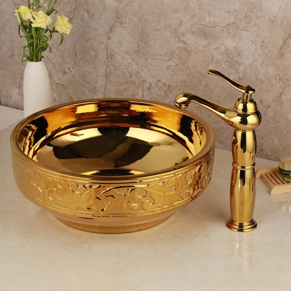 Bathroom Round Gold Ceramic Wash Basin Sink Bowl Vanity Lavatory Mixer ...