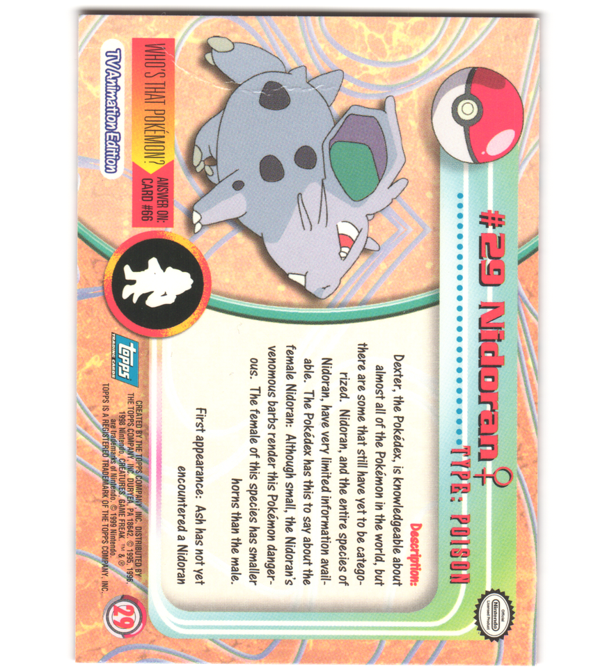Pokemon 1999 Damaged Topps Series 1 1st Print Blue Logo Nidoran F 29 | eBay
