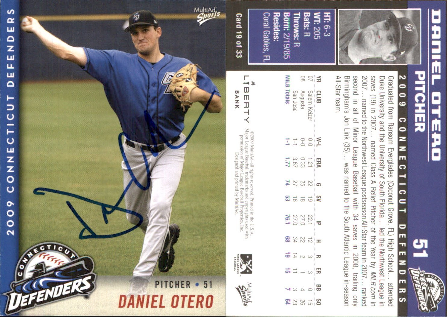 Daniel Otero Signed 2009 MultiAd Connecticut Defenders RC *Autograph ...