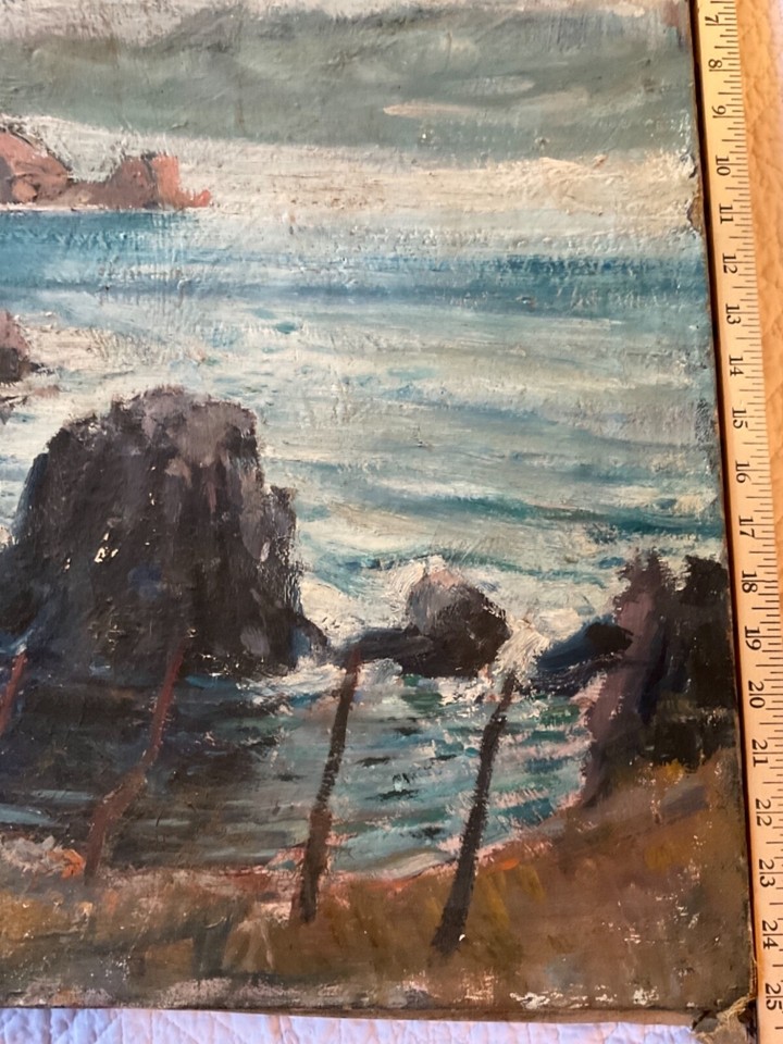 Vintage 40s SEASCAPE coast ocean oil Painting original Abstract rocky ...