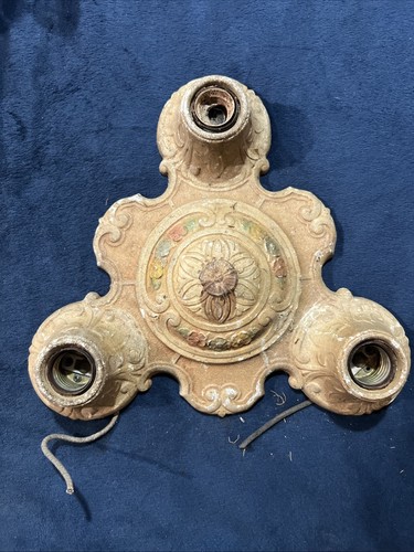 Antique Art Nouveau Deco Polychrome 3 Light Ceiling Fixture Light Part ...