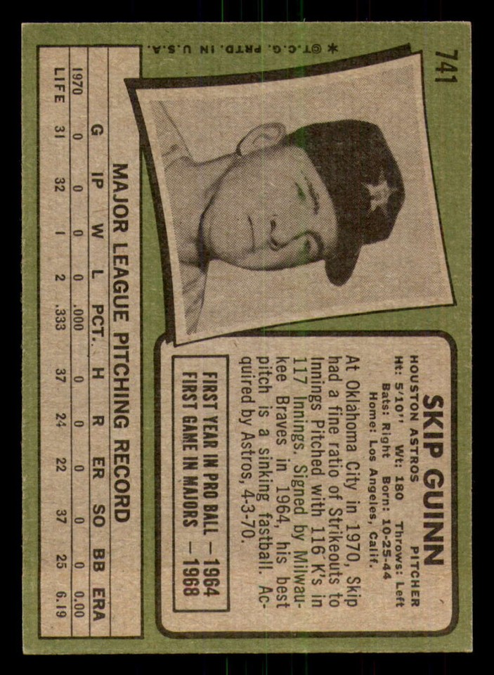 1971 Topps #741 Skip Guinn Ex-Mint Astros High Number ID:293961 | eBay